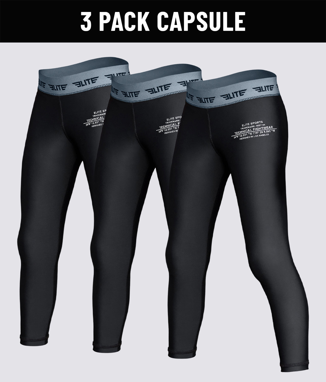 Elite (Pack of 3) Plain Black No-Gi Kids Jiu Jitsu Spats Compression Pants