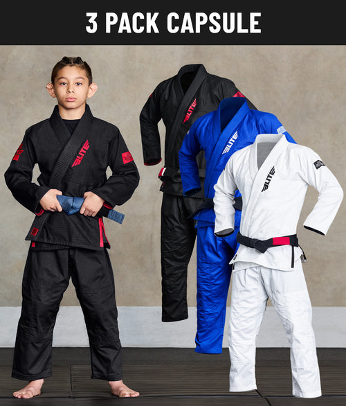 Elite Core White/Black/Blue Adults BJJ Gi w/ Free Belt, (Pack of 3) Jiu ...