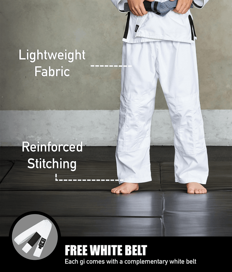 Elite Core White Kids BJJ Gi w/ Free Belt, Preshrunk Jiu Jitsu Gi