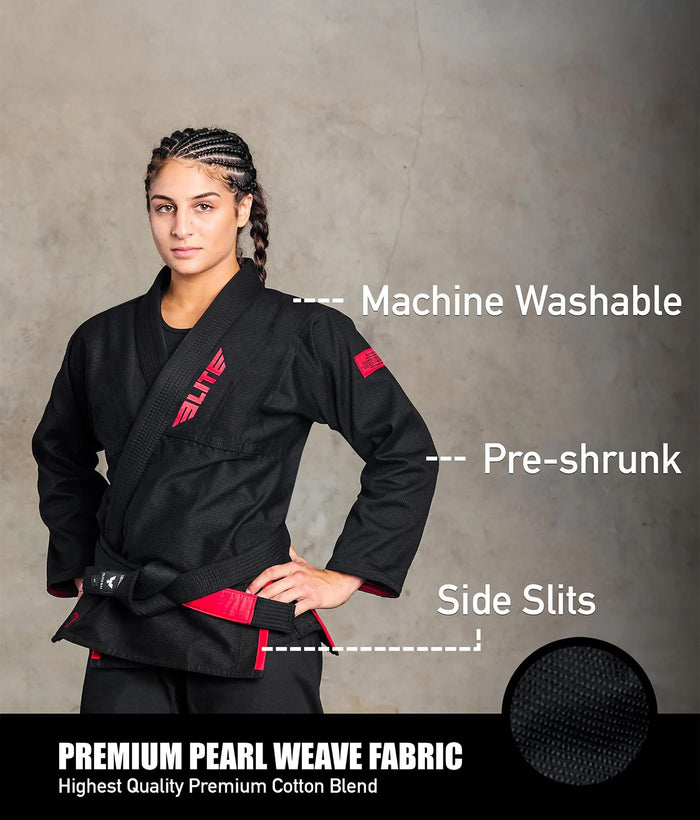Elite Core Black Womens BJJ Gi w/ Free Belt, Preshrunk Jiu Jitsu Gi