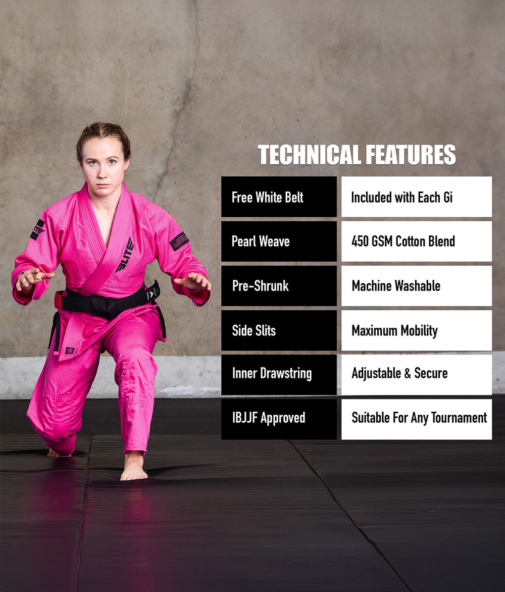 Elite Core Pink Womens BJJ Gi w/ Free Belt, Preshrunk Jiu Jitsu Gi