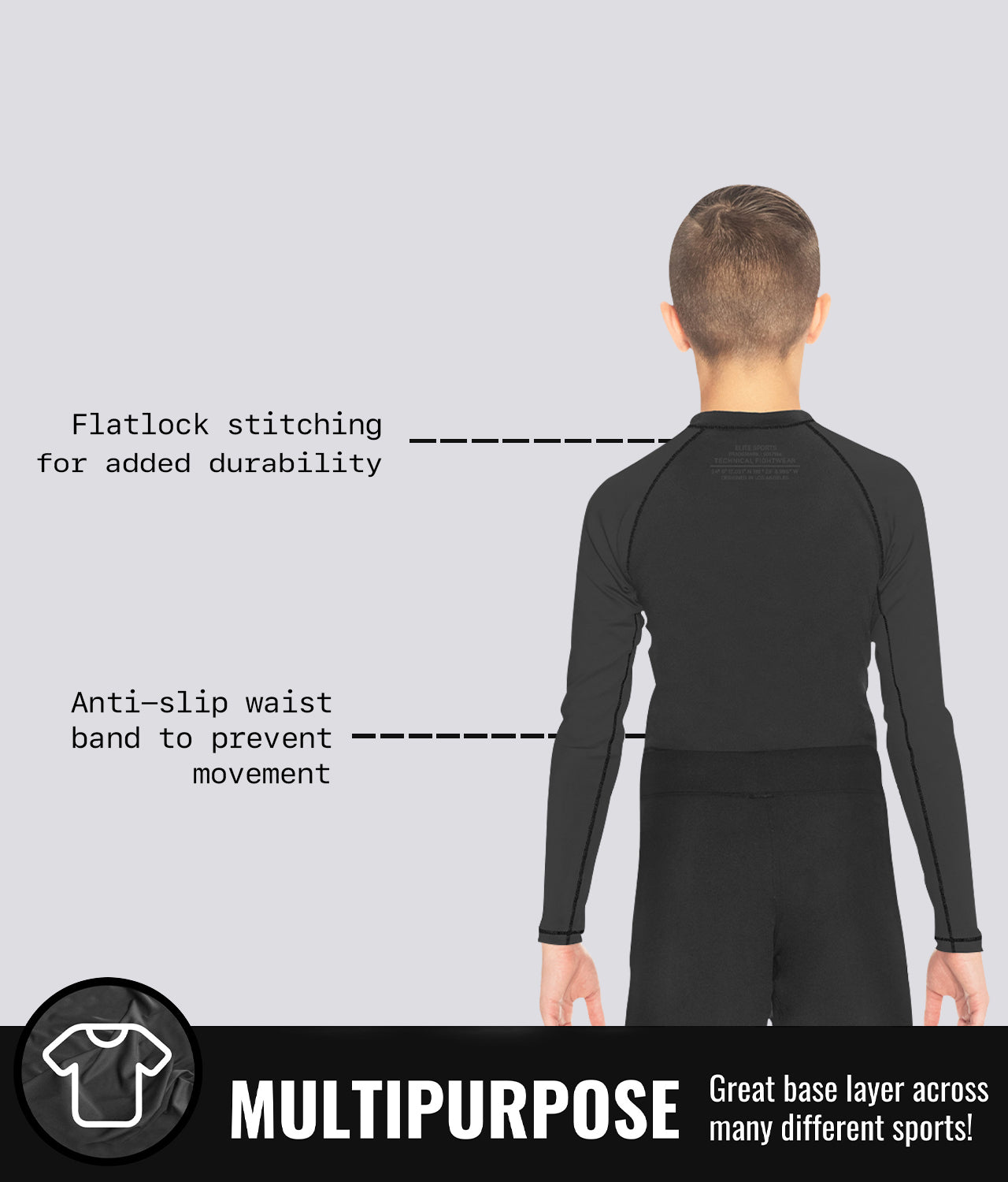 Elite Sports Standard Black Long Sleeve Kids BJJ Rash Guard - Elite Sports