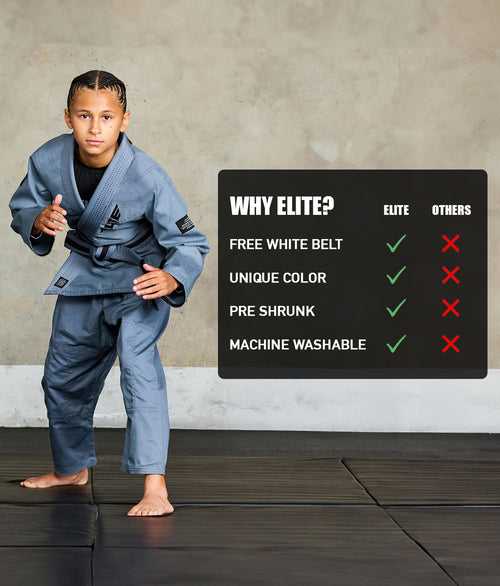 Elite Core Gray Kids BJJ Gi w/ Free Belt, Preshrunk Jiu Jitsu Gi