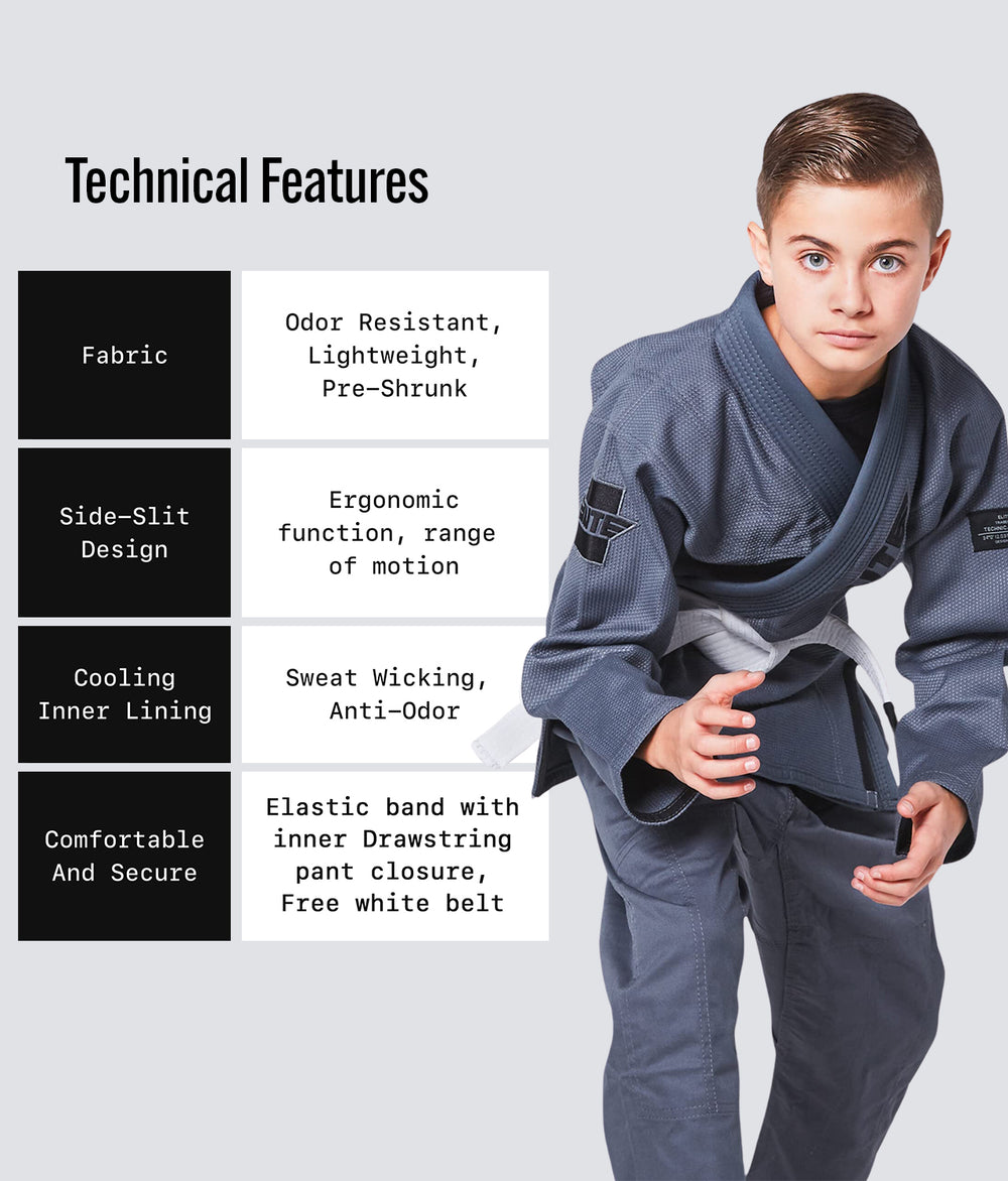 Elite Core Gray Kids BJJ Gi, Preshrunk Jiu Jitsu Gi with Free Belt ...