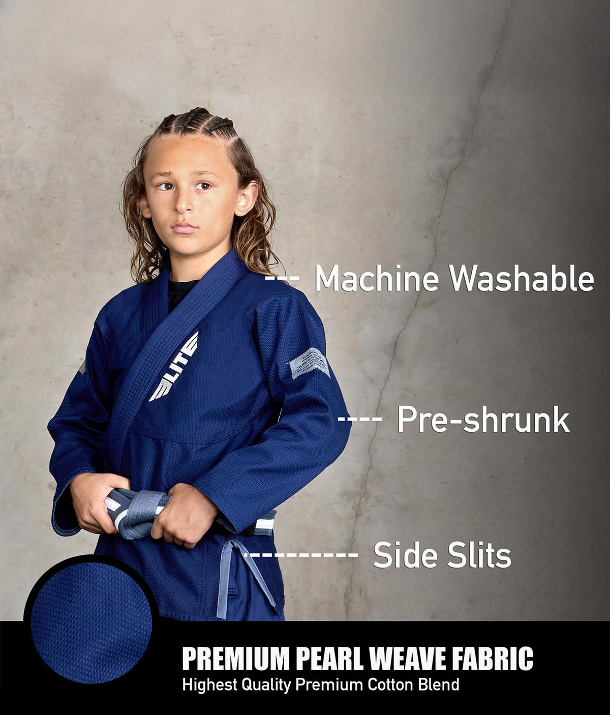 Elite Core Navy Kids BJJ Gi w/ Free Belt, Preshrunk Jiu Jitsu Gi