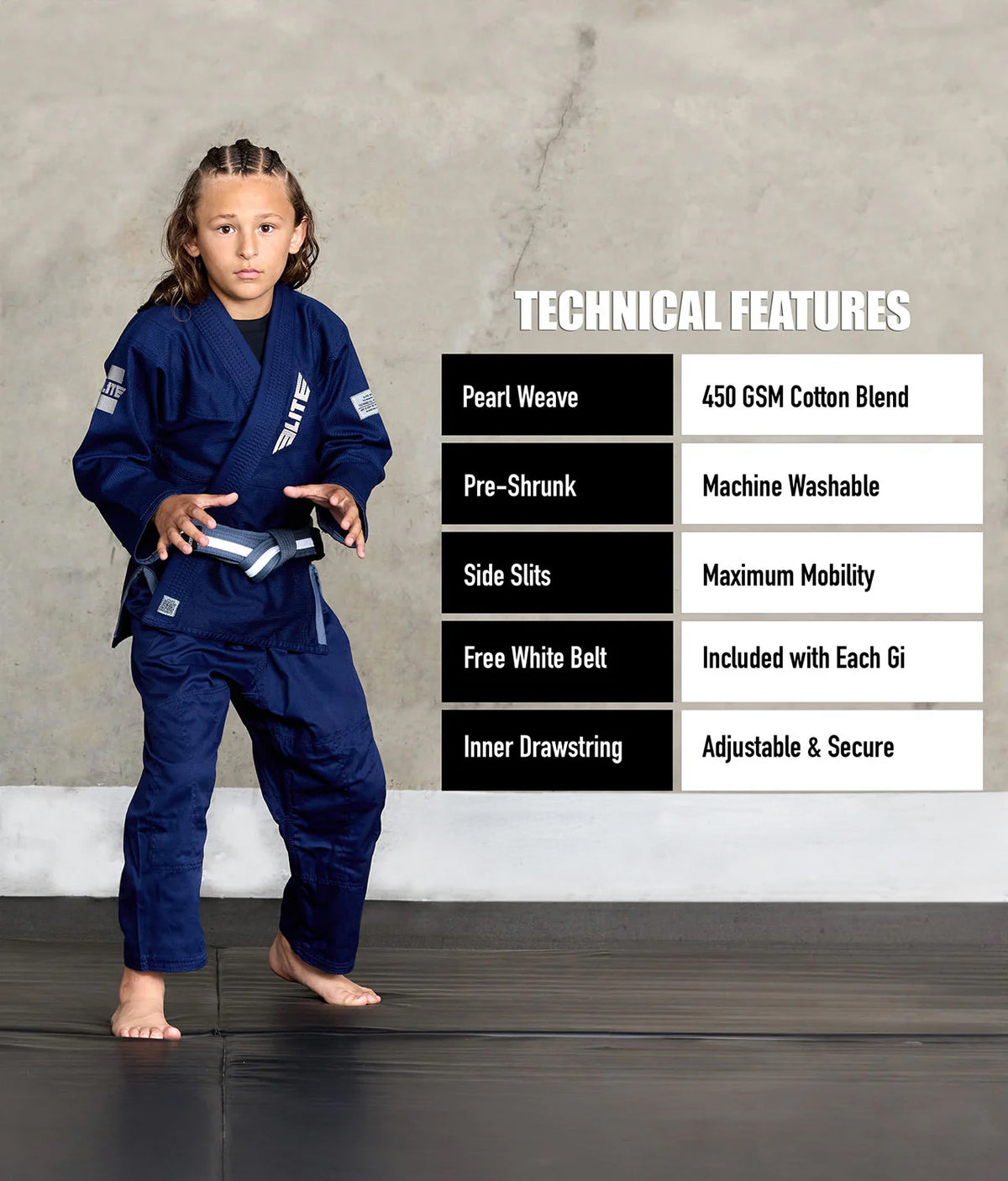 Elite Core Navy Kids BJJ Gi w/ Free Belt, Preshrunk Jiu Jitsu Gi