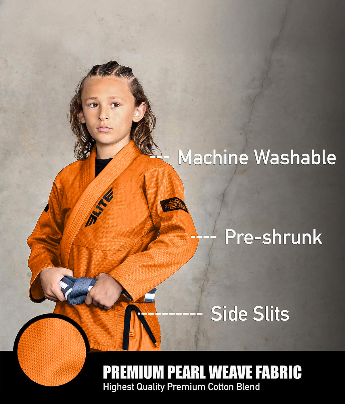 Elite Sports Core Orange Kids BJJ Gi w/ Free Belt, Preshrunk Jiu Jitsu Gi