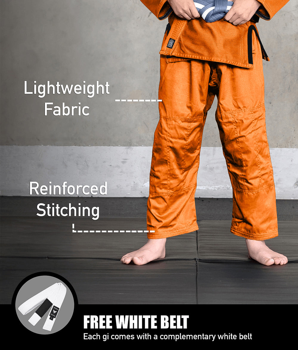 Elite Sports Core Orange Kids BJJ Gi w/ Free Belt, Preshrunk Jiu Jitsu Gi