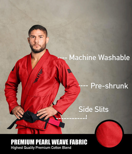Elite Core Red Mens BJJ Gi w/ Free Belt, Preshrunk Jiu Jitsu Gi