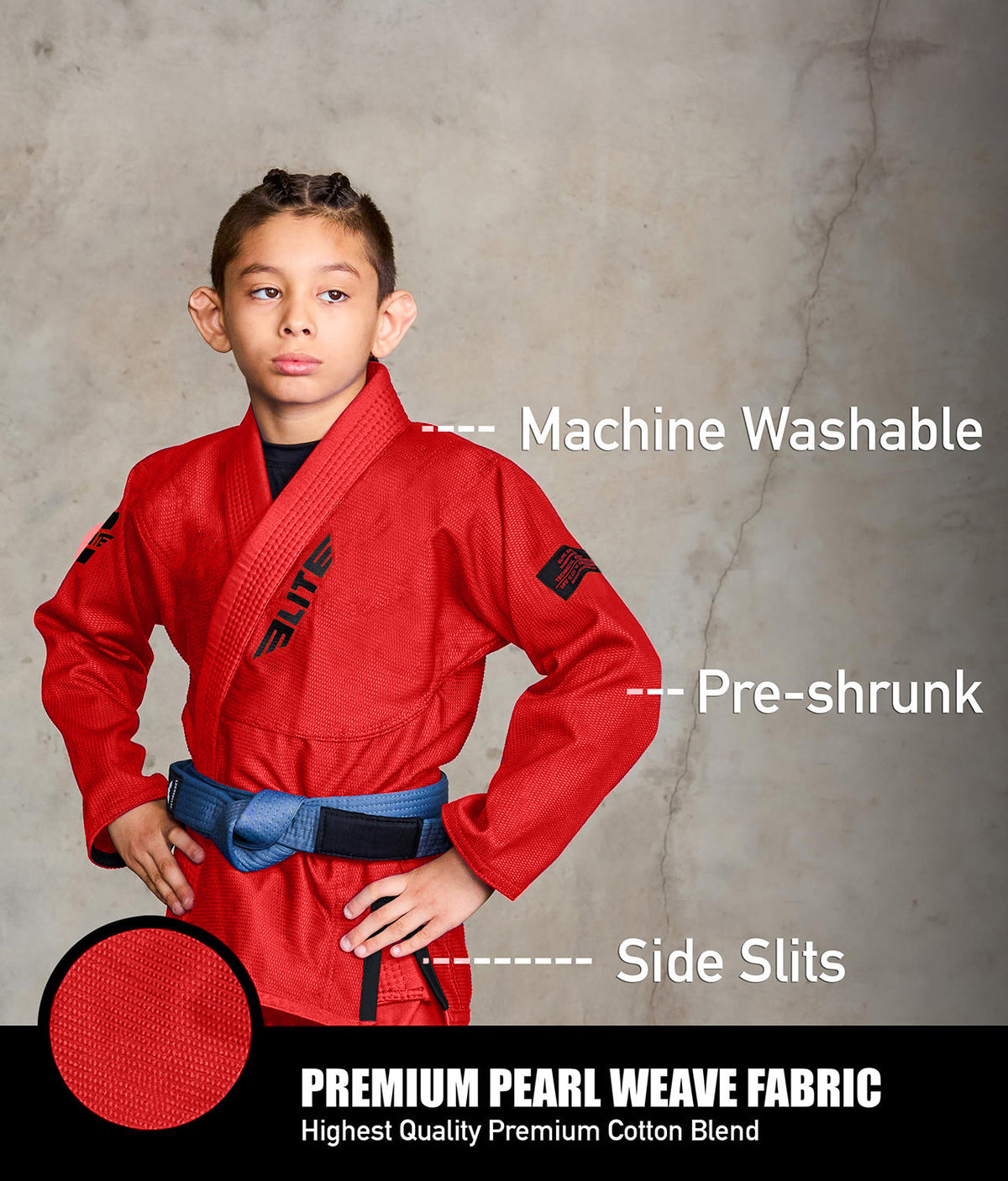Elite Core Red Kids BJJ Gi w/ Free Belt, Preshrunk Jiu Jitsu Gi