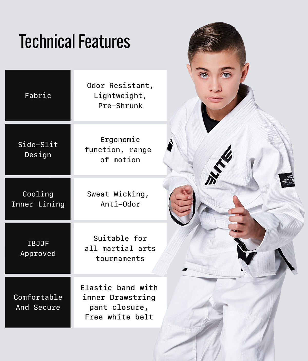 Elite Core White Kids BJJ Gi, Preshrunk Jiu Jitsu Gi with Free Belt ...