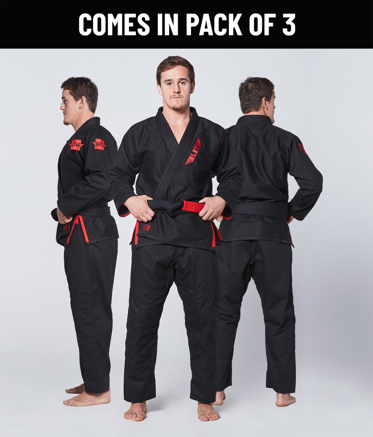 Elite Core Black Adults BJJ Gi, (Pack of 3) Preshrunk Jiu Jitsu Gi with ...